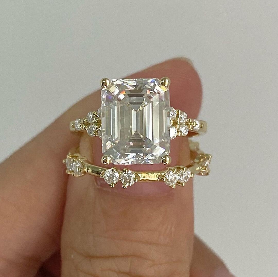 4ct Emerald Cut Engagement Ring Set Moissanite Wedding Ring Set Emerald ...