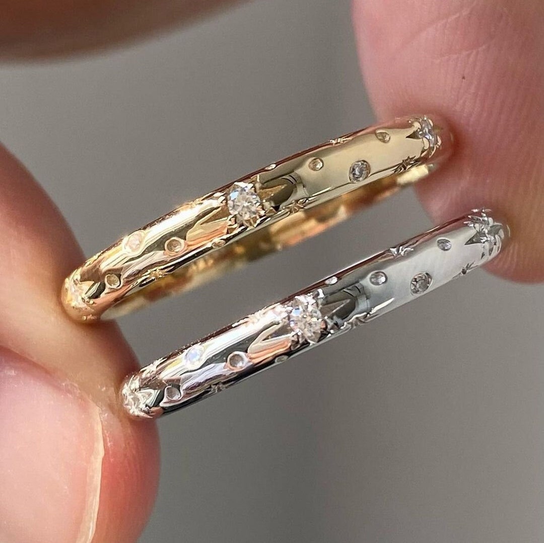 Moissanite Starburst Band 14k Gold Star Setting Anniversary Band Stacking Flush Set Moissanite ...
