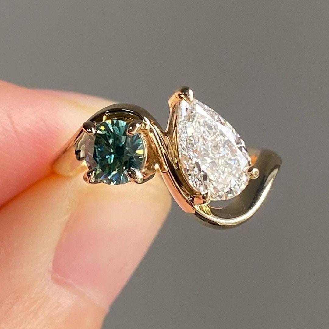 2 Stone Ring Pear & Green Round Moissanite Engagement Ring Unique ...