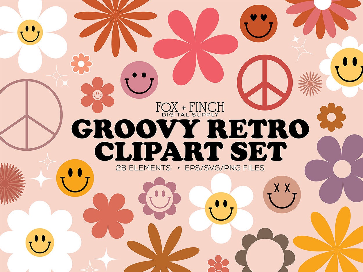Boho Hippie Clipart Commercial Use - Retro Clipart Set - Boho Hippie ...