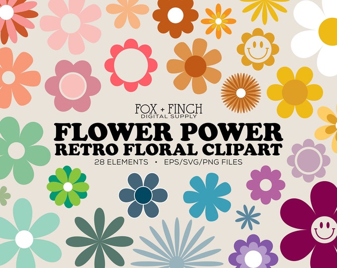 Flower Power Clipart SVG EPS PNG Retro Flower Vectors Commerical Use ...