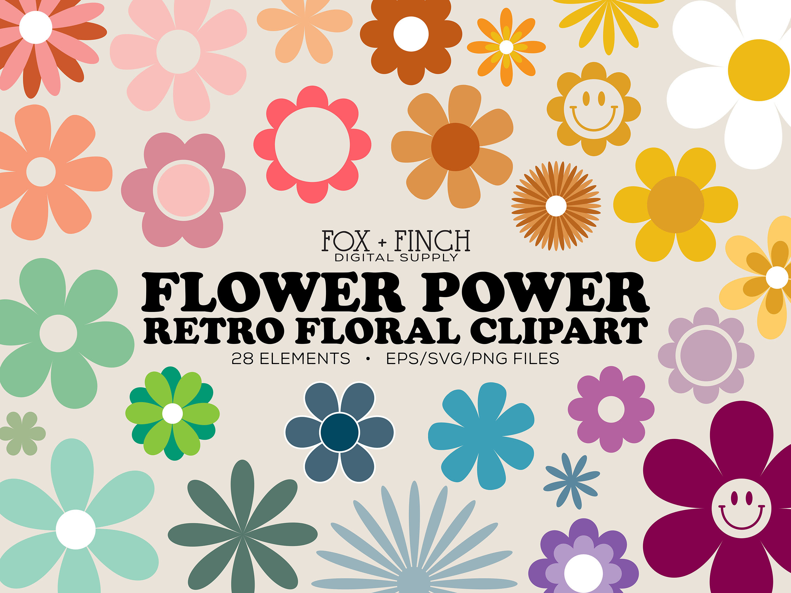 Flower Power Clipart SVG EPS PNG - Retro Flower Vectors Commerical Use ...