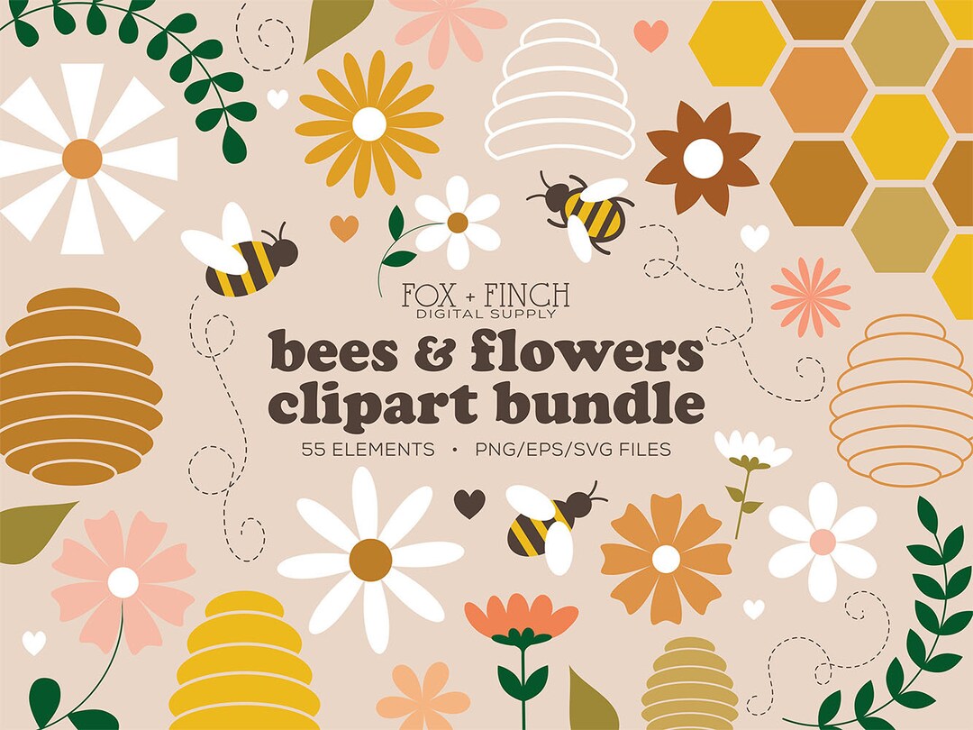 Bees Clipart PNG SVG EPS Commercial Use - Boho Flowers Bees Clip Art ...