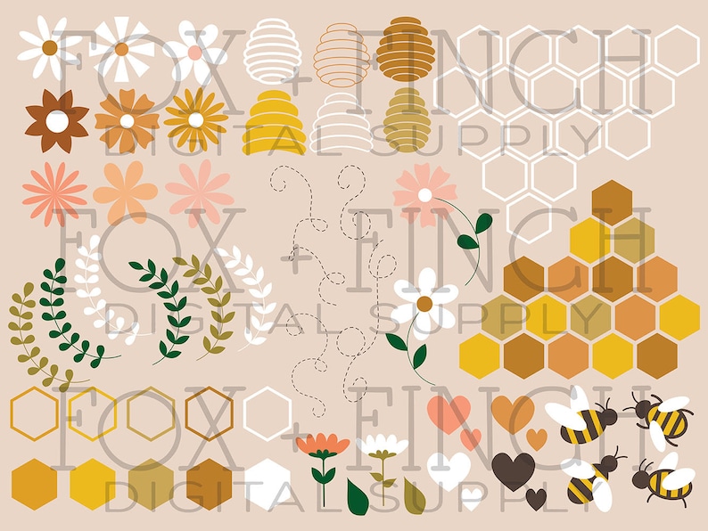 Bees Clipart PNG SVG EPS Commercial Use - Boho Flowers Bees Clip Art ...