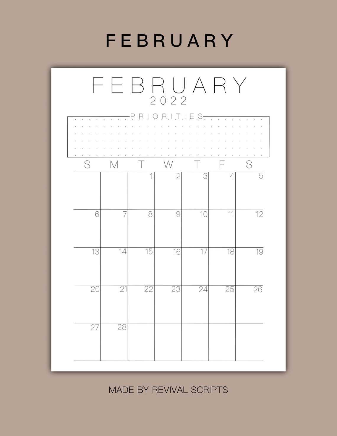 2022 Printable Monthly Calendar, Year Calendar Template, Digital ...