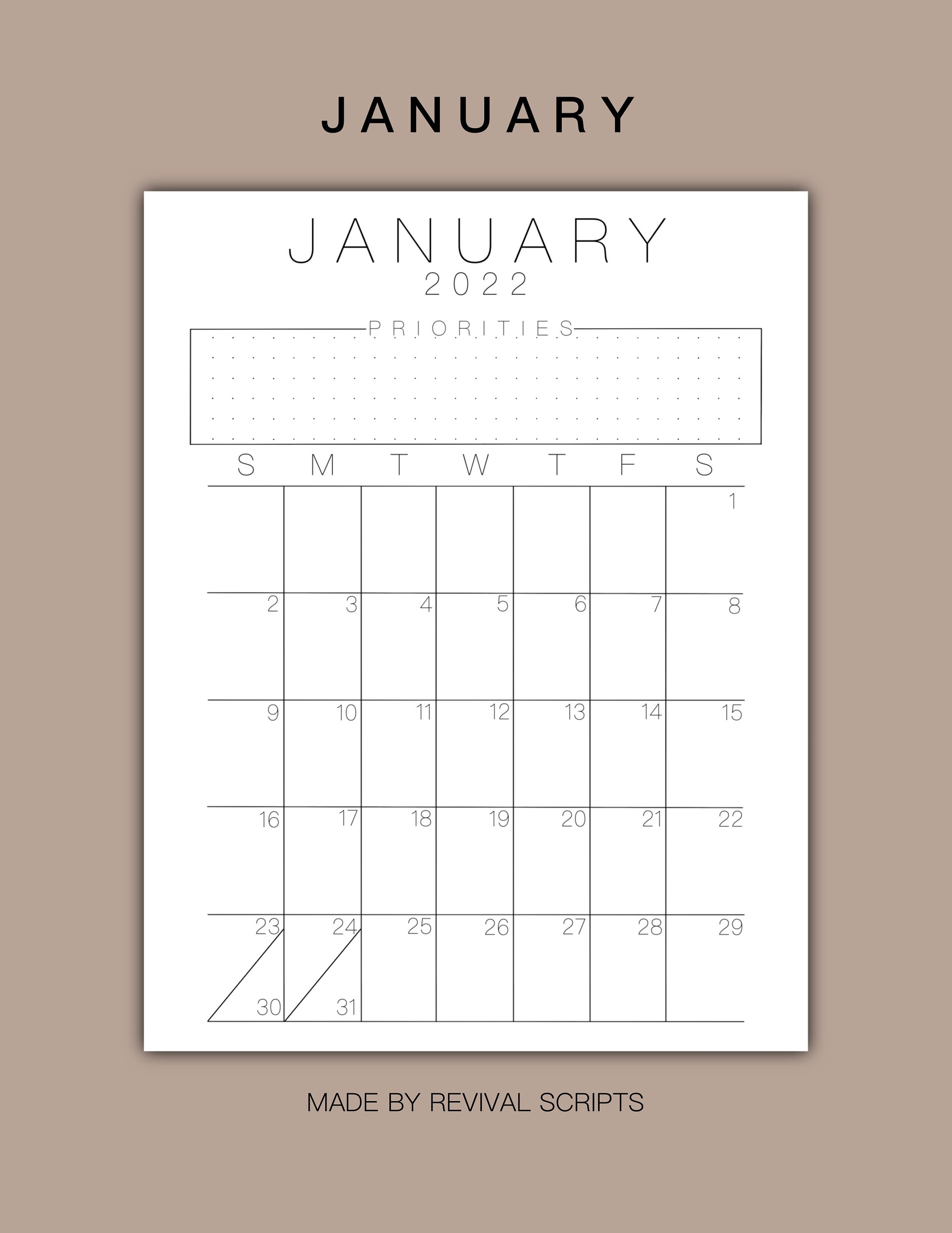 2022 Printable Monthly Calendar, Year Calendar Template, Digital ...