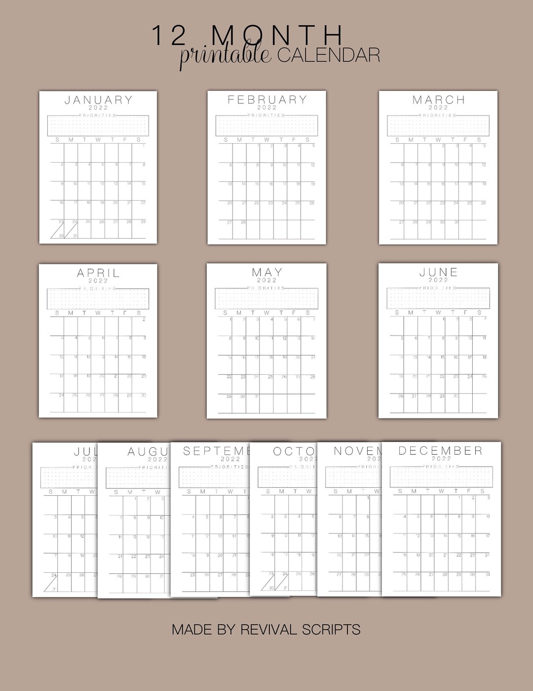 2022 Printable Monthly Calendar, Year Calendar Template, Digital ...