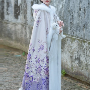 Purple Embroidered Hanfu Cape Women's Winter Long Fur Collar Cape With ...