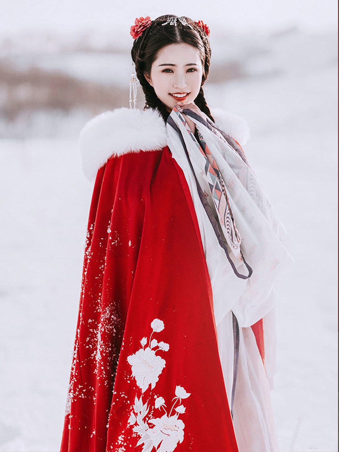 Oriental Red Hanfu Cloak W/ Cap Winter Outside Cape for - Etsy UK