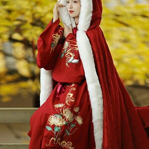 Red Cloak Hanfu Female Winter Ancient Xiuhe Cloak Long Warm and Wool ...