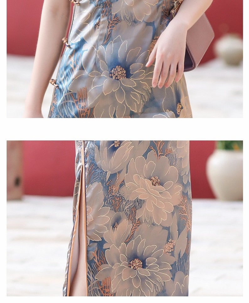 Long Cheongsam With Sexy Flower Pattern and High Splitchinese - Etsy