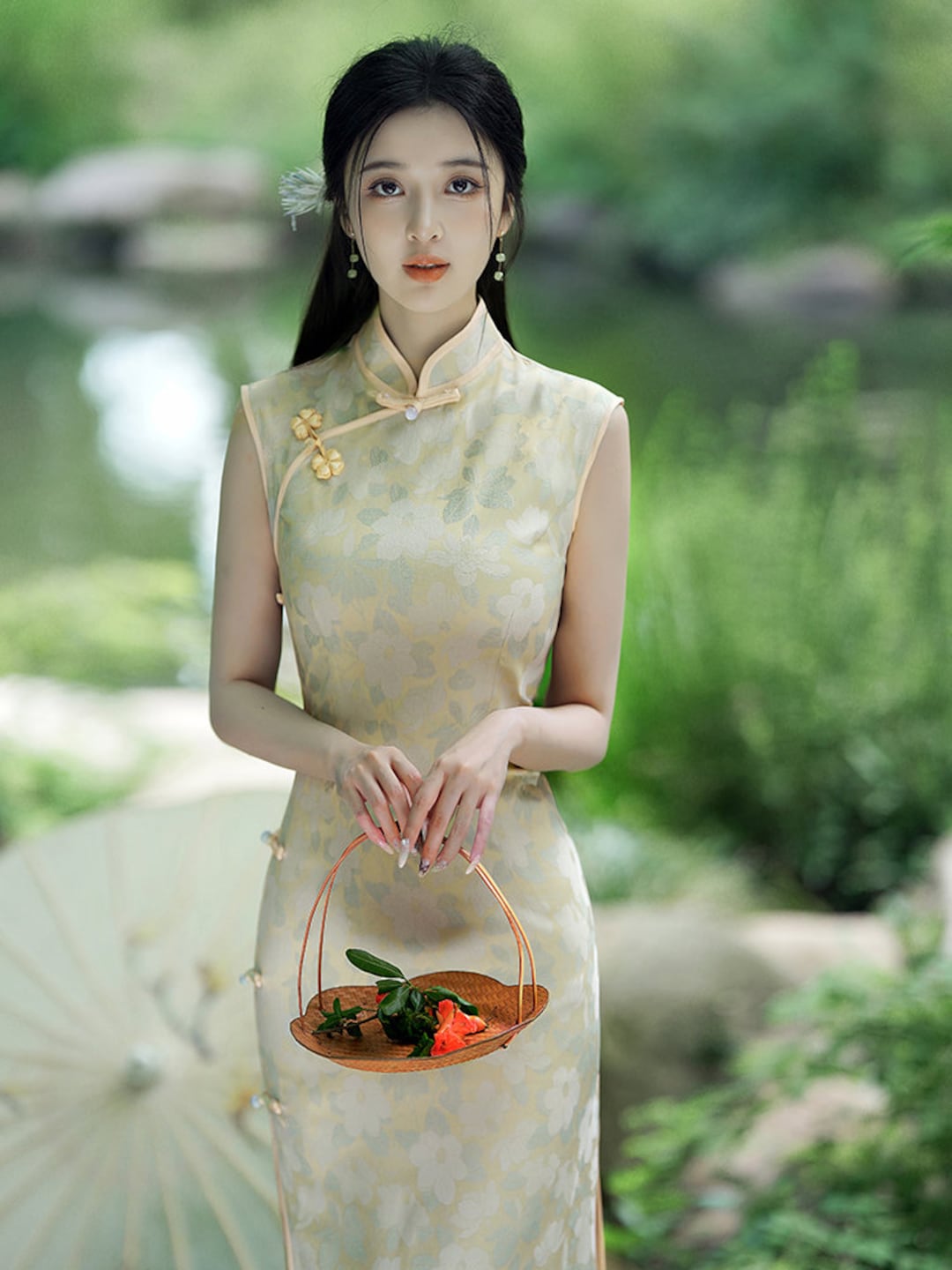 Yellow Print Modified Sleeveless Cheongsam Retro National Style Dress ...