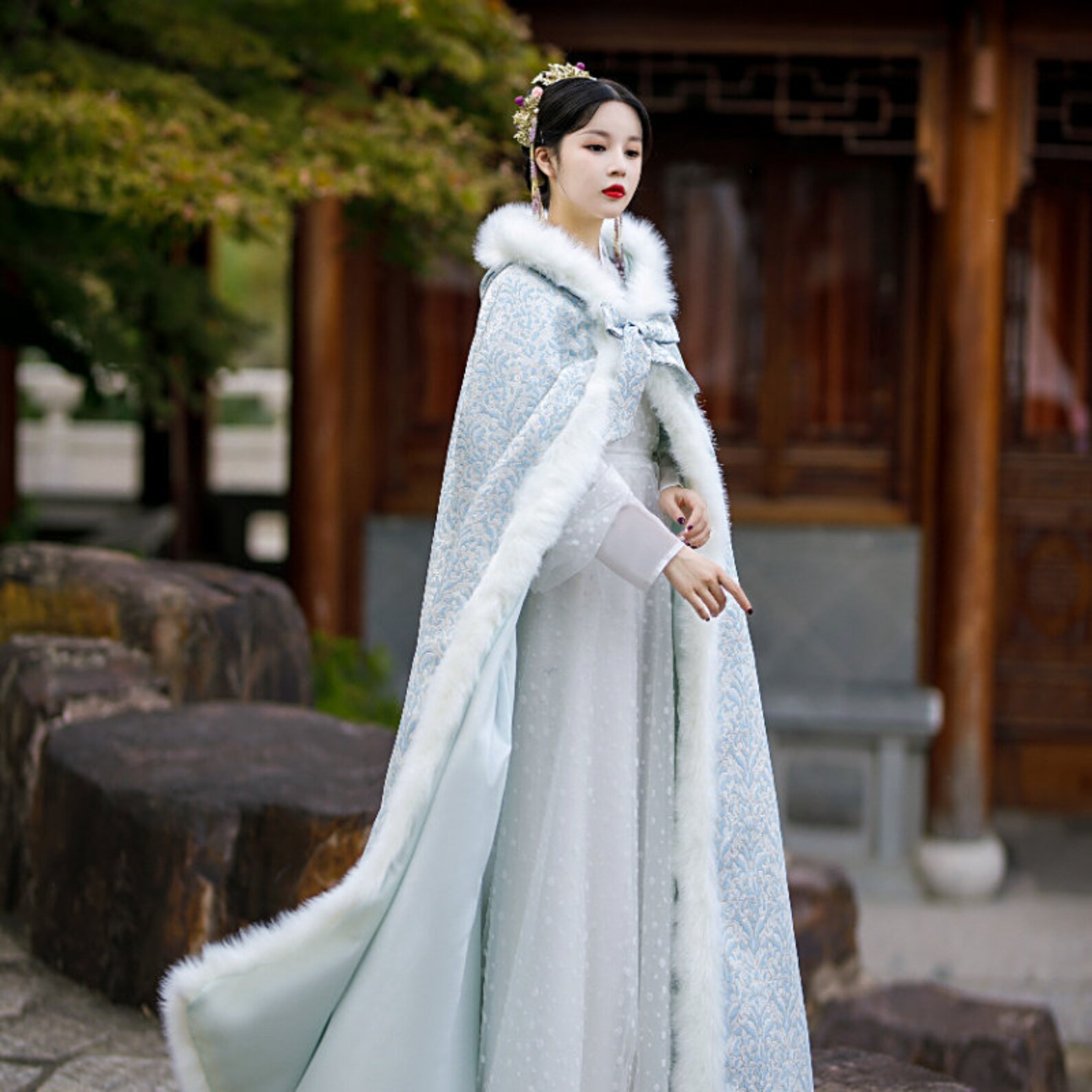 Long Blue Hooded Autumnwinter Cloak With Thick Warm Fur - Etsy