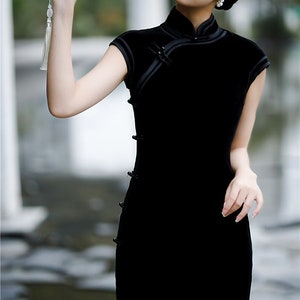 Elegant Black Qipao, Comfy Silky Velvet Fabric Cheongsam, Md-long Qipao ...