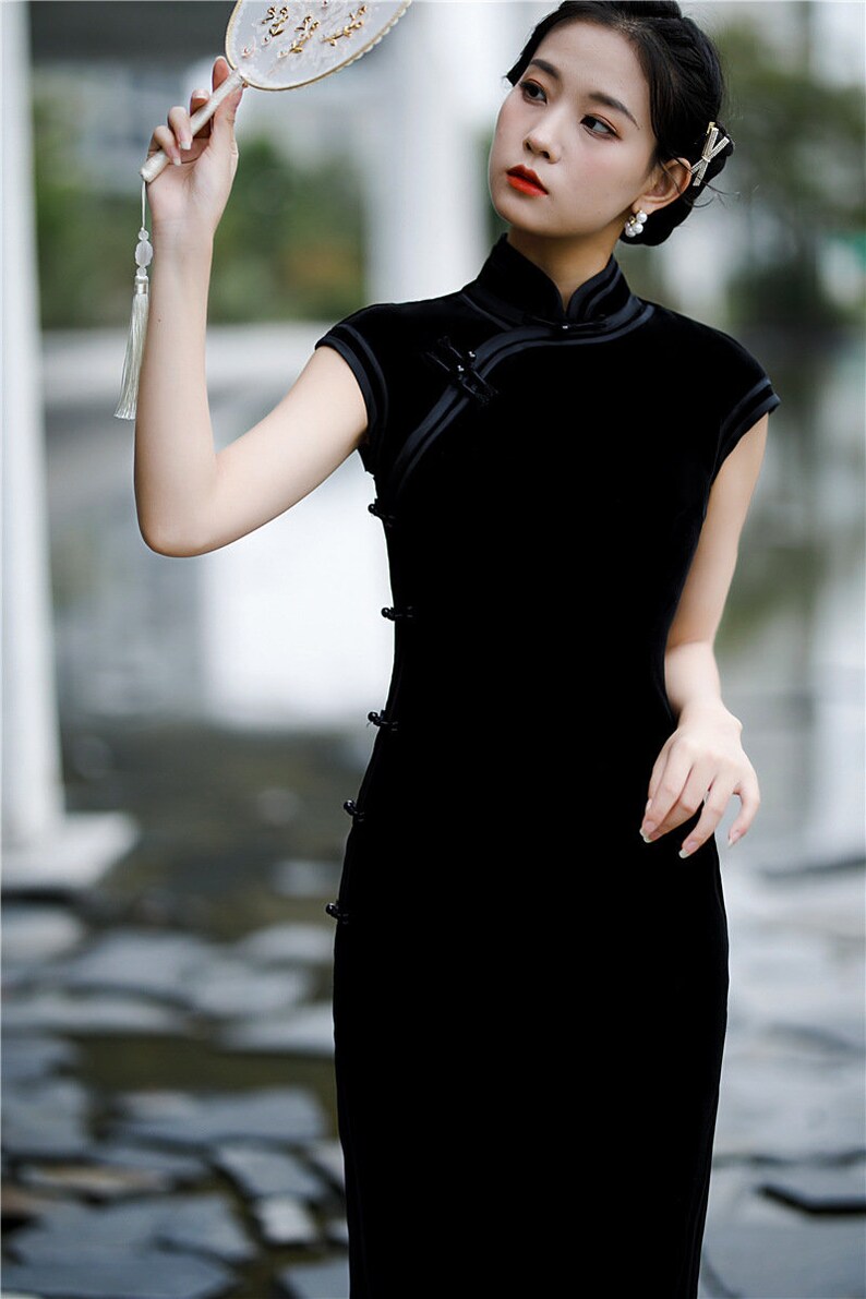 Elegant Black Qipao Comfy Silky Velvet Fabric Cheongsam - Etsy