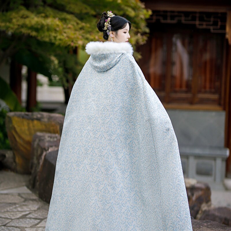 Long Blue Hooded Autumnwinter Cloak With Thick Warm Fur - Etsy