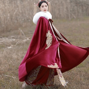 Chinese Red Long Canary and Velvet Cloak in Winter Bridal - Etsy