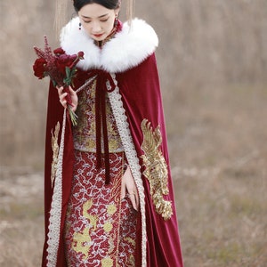 Chinese Red Long Canary and Velvet Cloak in Winter Bridal - Etsy