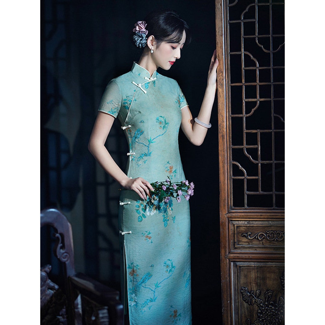 Light Blue Modern Qipao With Silk Linen Fabric, Comfy Cheongsam With ...