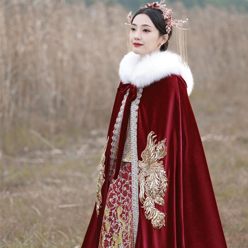 Chinese Red Long Canary and Velvet Cloak in Winter Bridal - Etsy