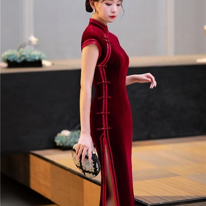 Elegant Black Qipao, Comfy Silky Velvet Fabric Cheongsam, Md-long Qipao ...