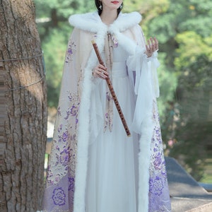 Purple Embroidered Hanfu Cape Women's Winter Long Fur Collar Cape With ...