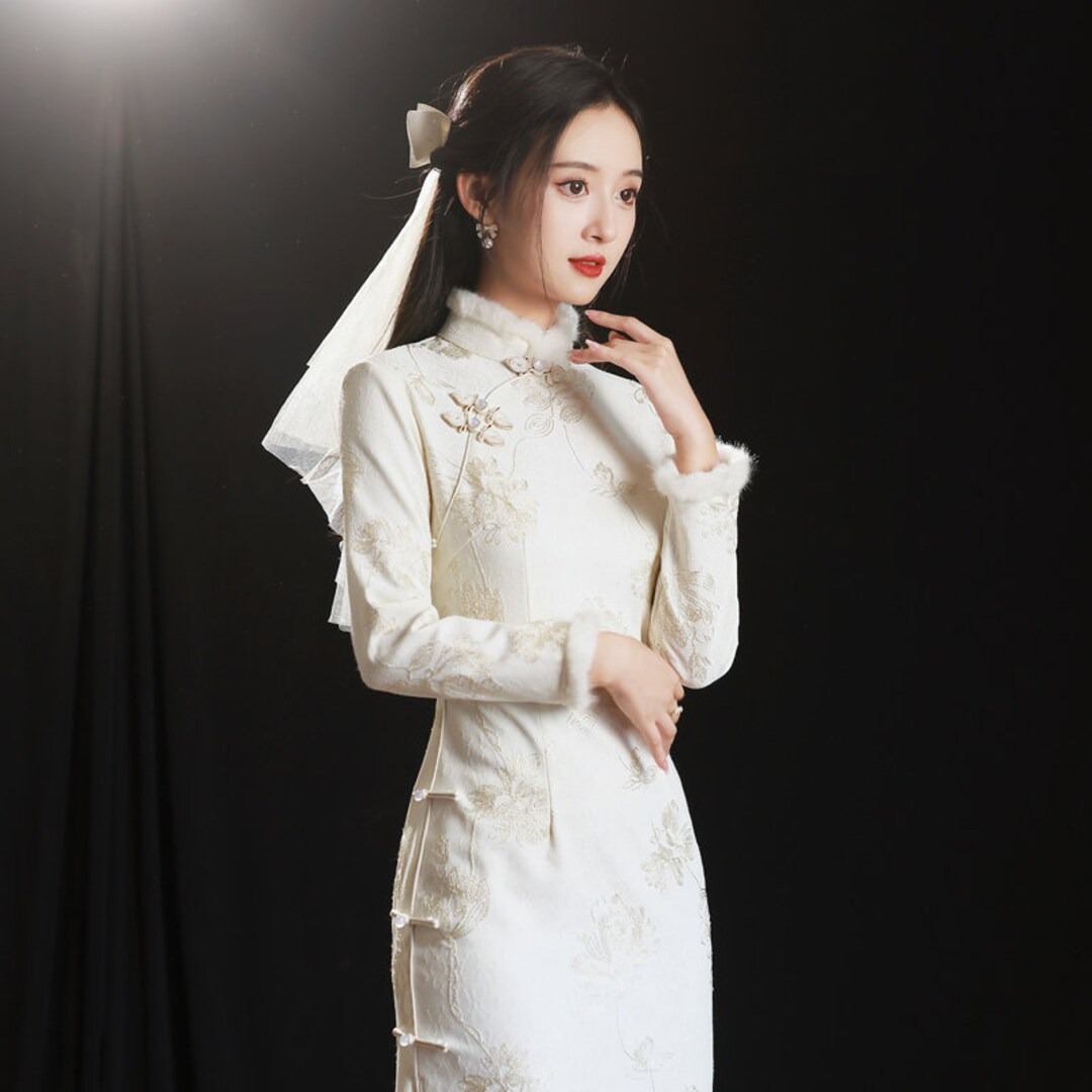 White Tea Dress Cheongsam Woman Autumn and Winter Thickened Velvet ...