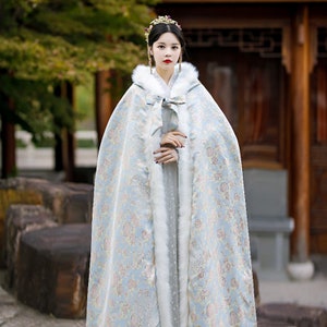 Sliver-grey Long Printed Cloak With Velvet Thickeningchinese - Etsy