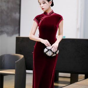 Elegant Black Qipao, Comfy Silky Velvet Fabric Cheongsam, Md-long Qipao ...