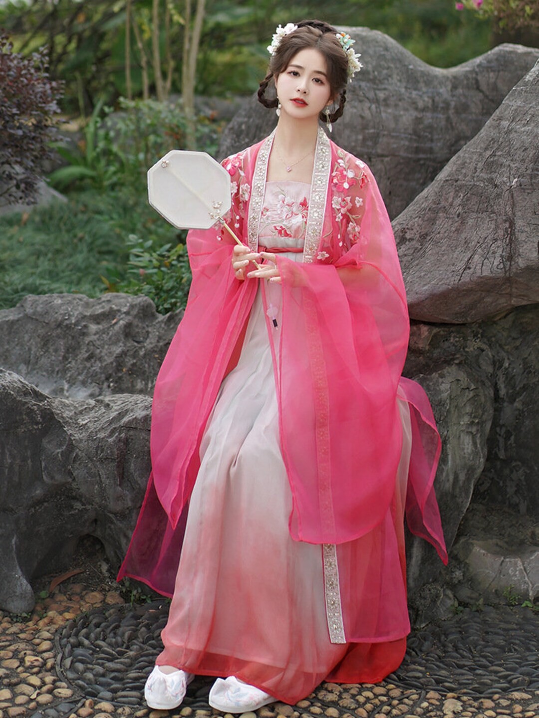Rose Red Hanfu Women Heavy Embroidery Chebule Skirt Wide Sleeve Dress ...