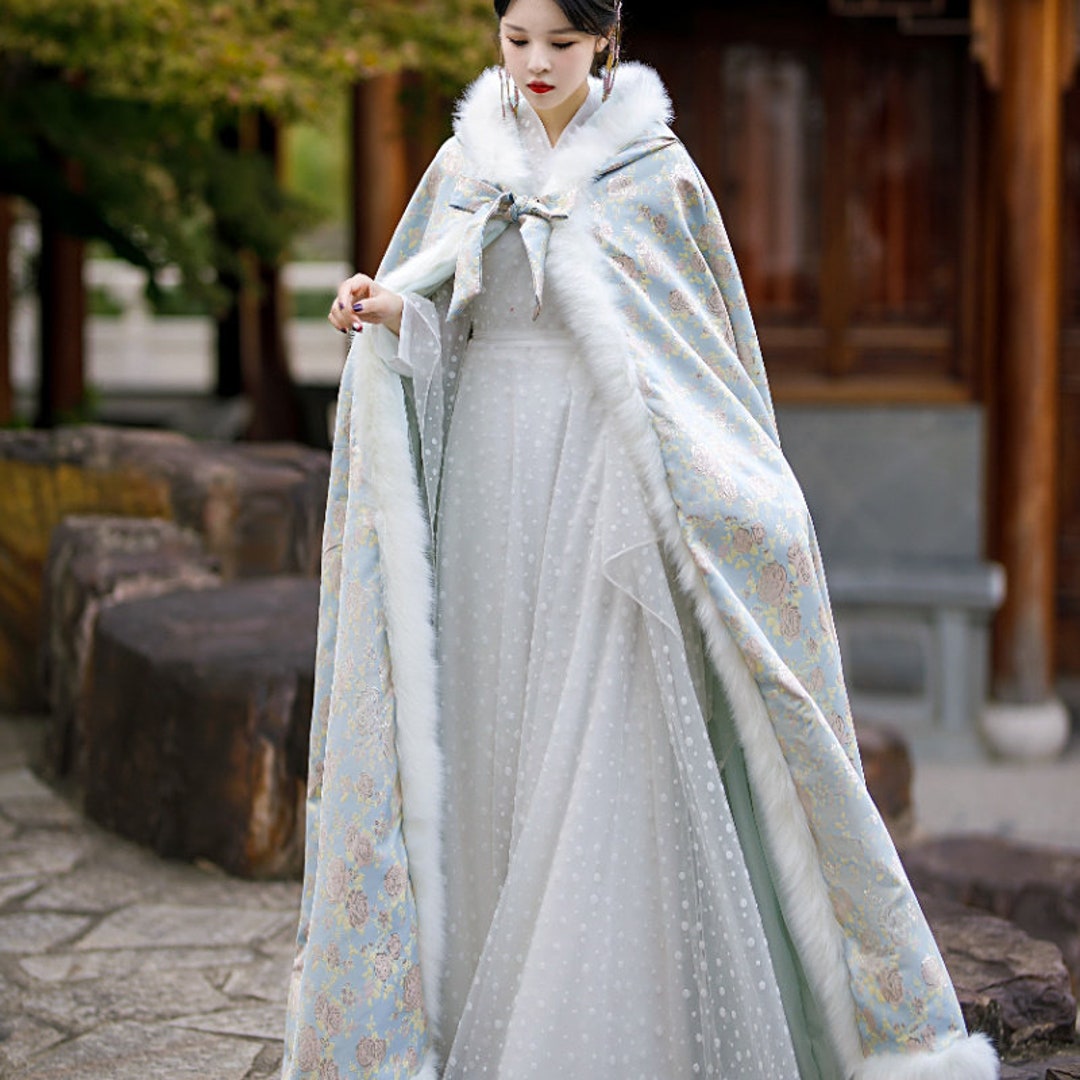 Sliver-grey Long Printed Cloak With Velvet Thickeningchinese - Etsy