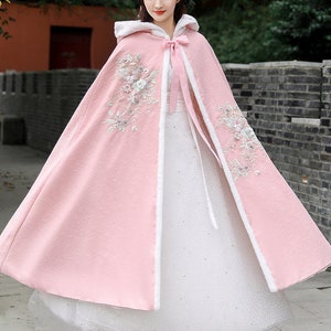 Pink Hooded Cloak,traditional Chinese Style Fur-collared Cloak With ...