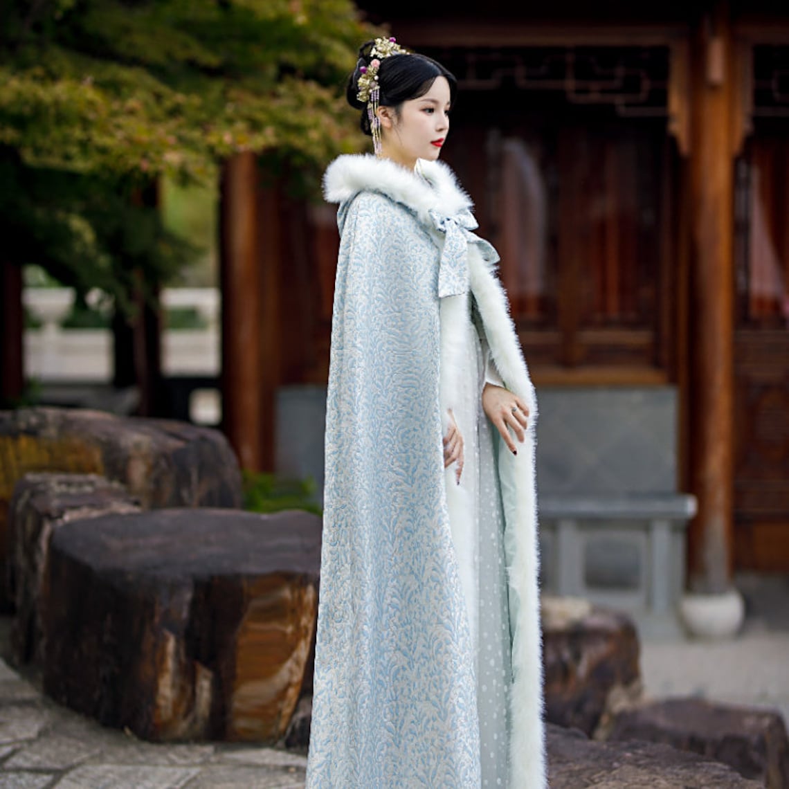 Long Blue Hooded Autumnwinter Cloak With Thick Warm Fur - Etsy