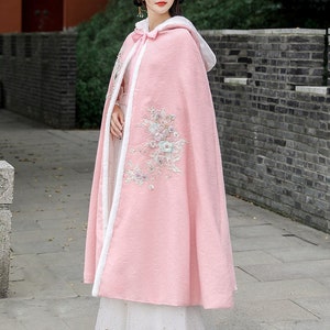 Pink Hooded Cloak,traditional Chinese Style Fur-collared Cloak With ...