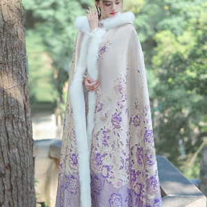 Purple Embroidered Hanfu Cape Women's Winter Long Fur Collar Cape With ...