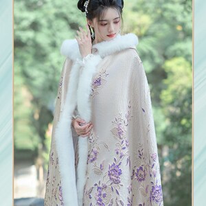 Purple Embroidered Hanfu Cape Women's Winter Long Fur Collar Cape With ...