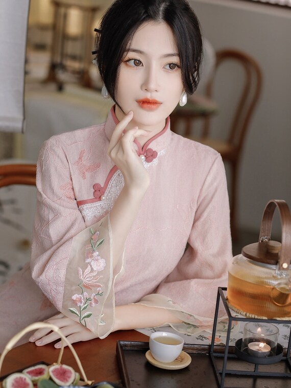 Chinese Modified Pink Big Sleeves Autumn Qipao Dressvintage - Etsy