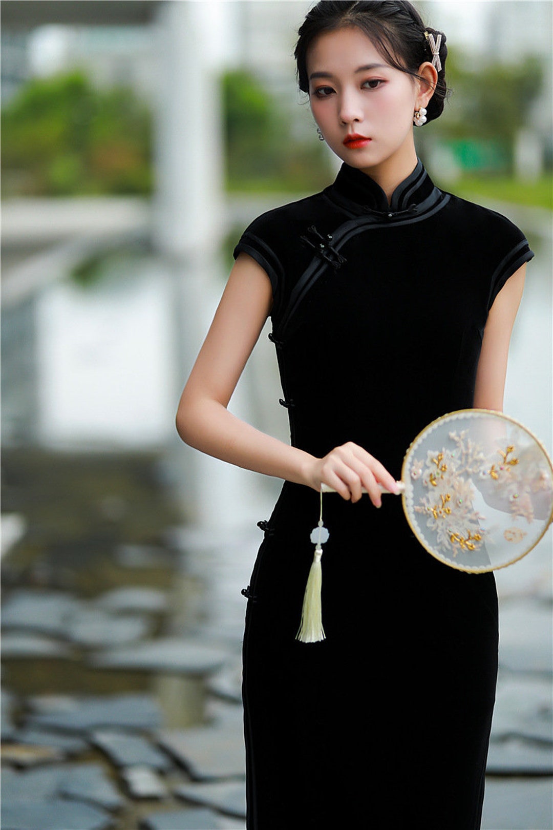 Elegant Black Qipao, Comfy Silky Velvet Fabric Cheongsam, Md-long Qipao ...