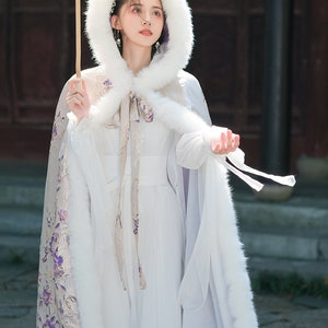 Purple Embroidered Hanfu Cape Women's Winter Long Fur Collar Cape With ...