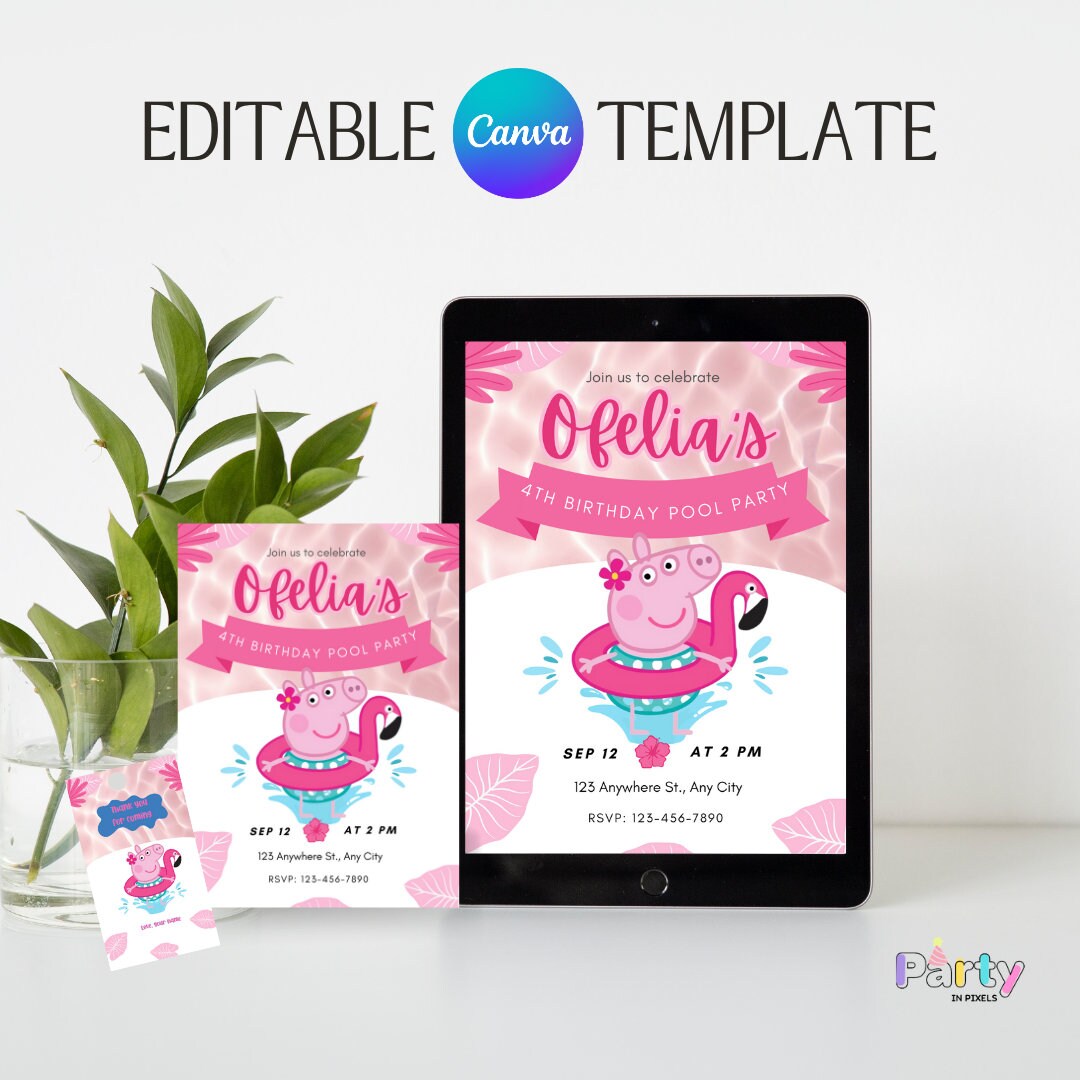 Peppa Pig Birthday Invitation Peppa Pig Pool Party Peppa - Etsy Australia