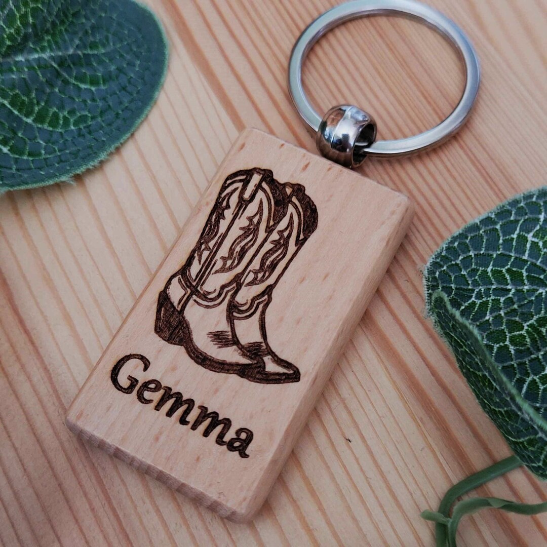 Personalised Wood Keyring. Cowgirl Boots. Cowboy. Key Fob. Keychain ...