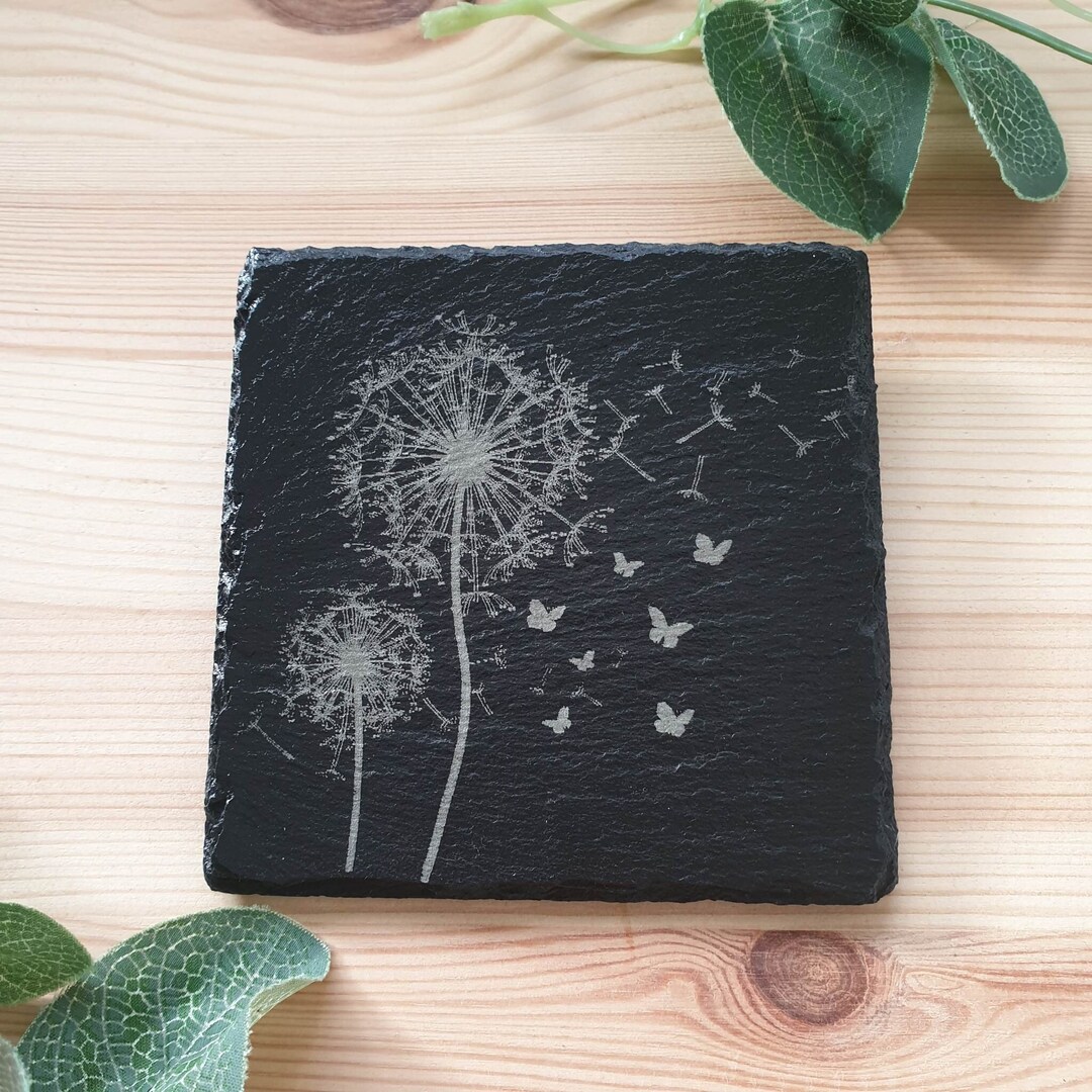 Slate Coaster Engraved Dandelion and Butterflies. Drinks Coaster. Home ...