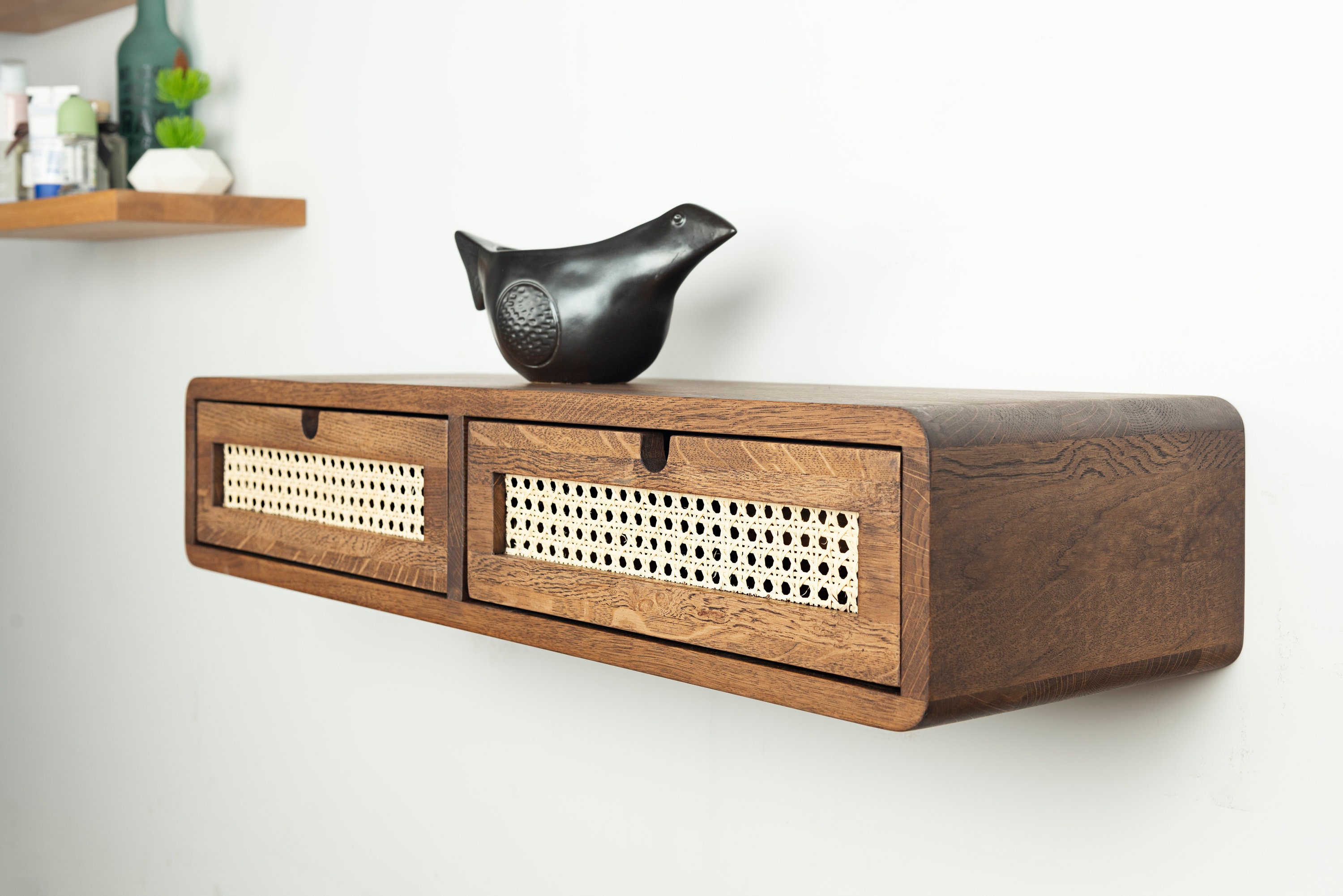 Oak Floating Console Table With Rattan Drawers, Wall Mounted Entryway ...