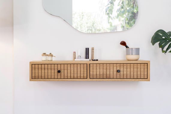 Fluted Floating Makeup Table With Two Drawers Makeup Organizer for Vanity Oak Vanity Table dressing Table floating Oak Desk Etsy