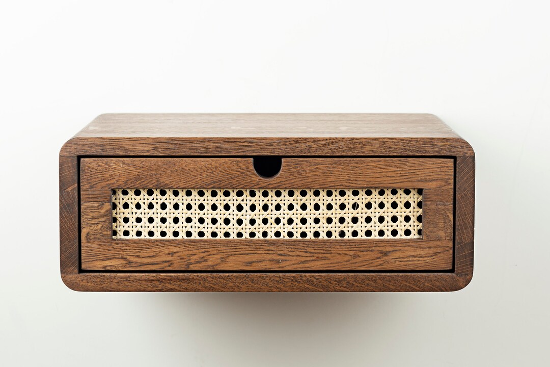 Handcrafted Oak Floating Nightstand With Rattan Drawer Mid Century ...