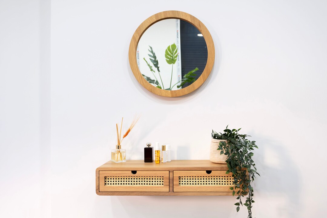 Floating Vanity Table With Mirror, Oak Makeup Organizer for Vanity, Oak ...