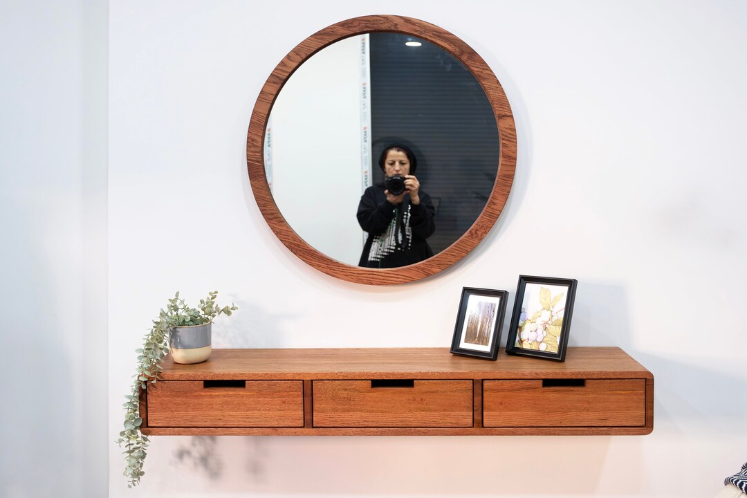 Floating Vanity Table With Mirror, Oak Makeup Organizer for Vanity, Oak ...