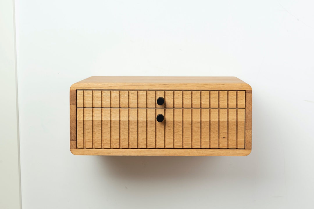 Fluted Floating Side Table With Two Drawers in Solid Oak, Modern ...