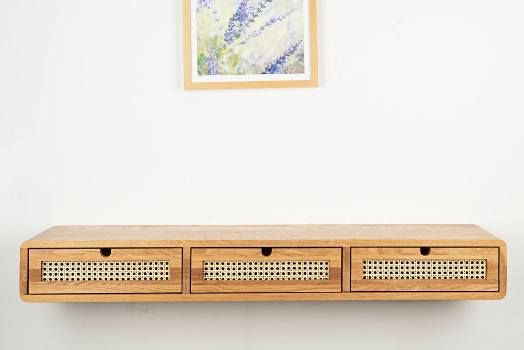 Floating Console Table With Three Rattan Drawers in Solid Oak – Modern ...