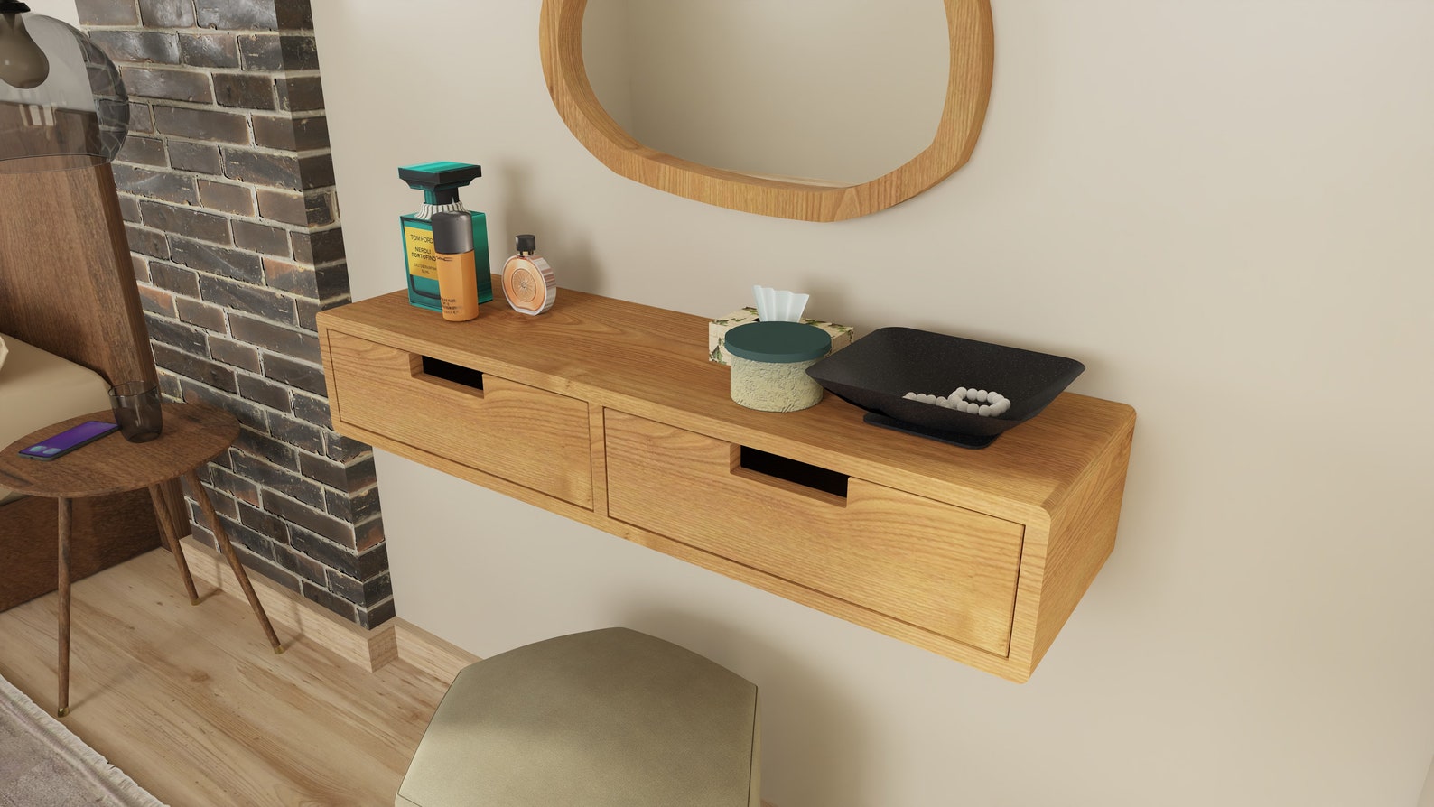Floating Makeup Table With Two Drawers Oak Makeup Organizer - Etsy UK